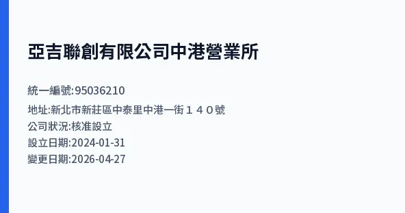 亞吉聯創有限公司中港營業所的照片-統編 95036210(新北市) 公司登記資料與營業項目詳細圖表