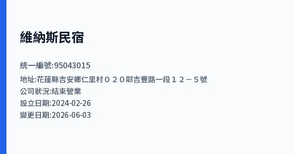 維納斯民宿的照片-統編 95043015(花蓮縣) 公司登記資料與營業項目詳細圖表