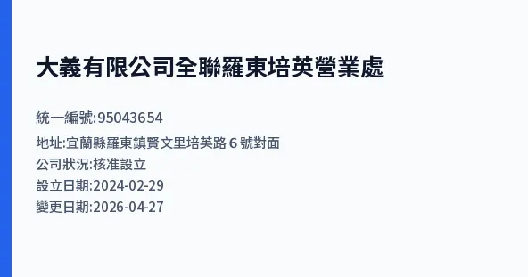 大義有限公司全聯羅東培英營業處的照片-統編 95043654(宜蘭縣) 公司登記資料與營業項目詳細圖表