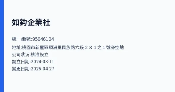 如鈞企業社的照片-統編 95046104(桃園市) 公司登記資料與營業項目詳細圖表