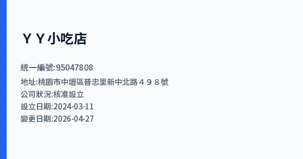 YY小吃店的照片-統編 95047808(桃園市) 公司登記資料與營業項目詳細圖表