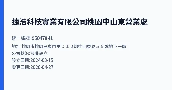捷浩科技實業有限公司桃園中山東營業處的照片-統編 95047841(桃園市) 公司登記資料與營業項目詳細圖表