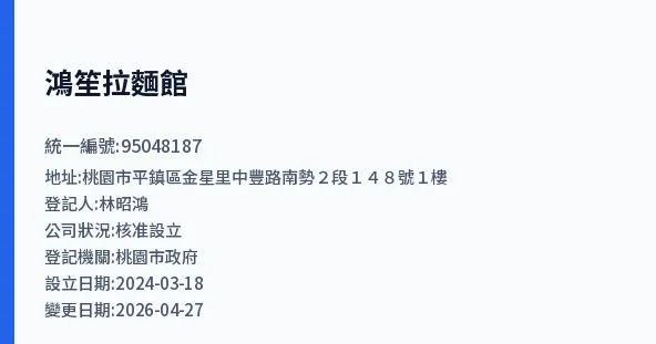 鴻笙拉麵館的照片-統編 95048187(桃園市) 公司登記資料與營業項目詳細圖表