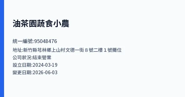 油茶園蔬食小農的照片-統編 95048476(新竹縣) 公司登記資料與營業項目詳細圖表