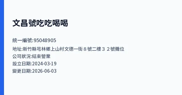 文昌號吃吃喝喝的照片-統編 95048905(新竹縣) 公司登記資料與營業項目詳細圖表