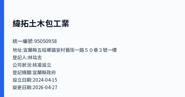 緯拓土木包工業的照片-統編 95050958(宜蘭縣) 公司登記資料與營業項目詳細圖表