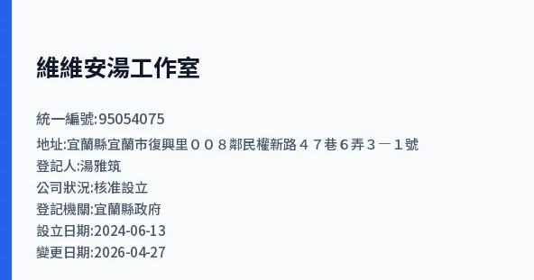 維維安湯工作室的照片-統編 95054075(宜蘭縣) 公司登記資料與營業項目詳細圖表