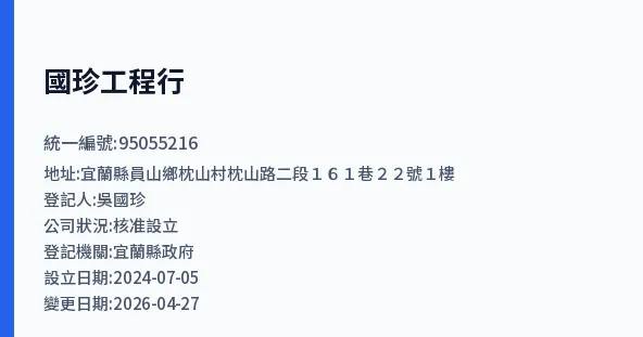 國珍工程行的照片-統編 95055216(宜蘭縣) 公司登記資料與營業項目詳細圖表