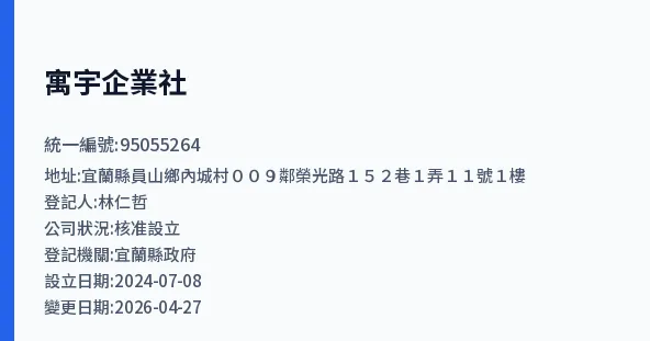 寓宇企業社的照片-統編 95055264(宜蘭縣) 公司登記資料與營業項目詳細圖表