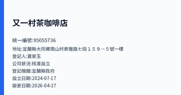 又一村茶咖啡店的照片-統編 95055736(宜蘭縣) 公司登記資料與營業項目詳細圖表
