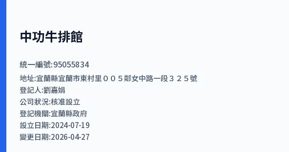 中功牛排館的照片-統編 95055834(宜蘭縣) 公司登記資料與營業項目詳細圖表