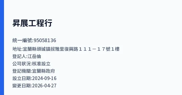 昇展工程行的照片-統編 95058136(宜蘭縣) 公司登記資料與營業項目詳細圖表