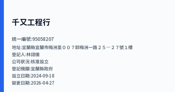 千又工程行的照片-統編 95058207(宜蘭縣) 公司登記資料與營業項目詳細圖表