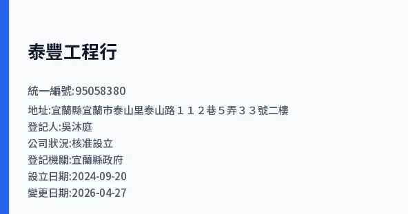 泰豐工程行的照片-統編 95058380(宜蘭縣) 公司登記資料與營業項目詳細圖表