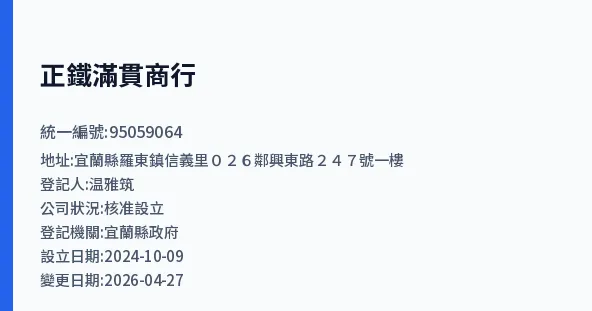 正鐵滿貫商行的照片-統編 95059064(宜蘭縣) 公司登記資料與營業項目詳細圖表