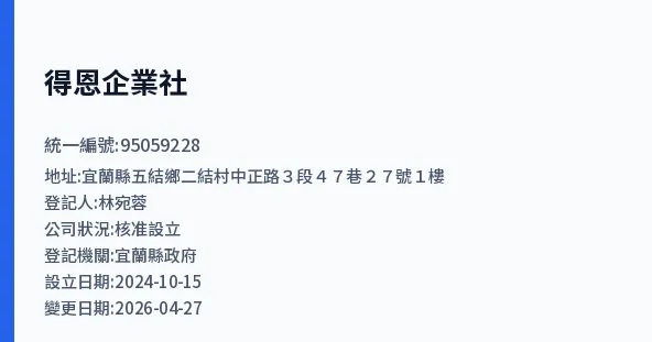 得恩企業社的照片-統編 95059228(宜蘭縣) 公司登記資料與營業項目詳細圖表
