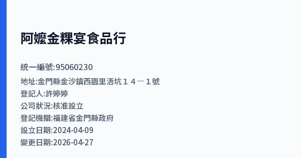 阿嬤金粿宴食品行的照片-統編 95060230(金門縣) 公司登記資料與營業項目詳細圖表