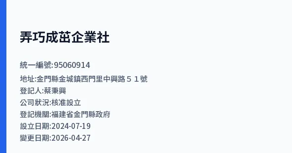弄巧成茁企業社的照片-統編 95060914(金門縣) 公司登記資料與營業項目詳細圖表