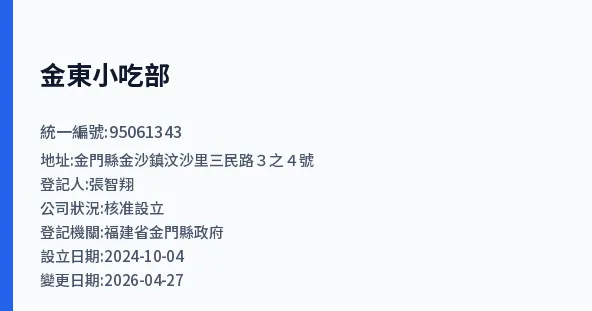 金東小吃部的照片-統編 95061343(金門縣) 公司登記資料與營業項目詳細圖表