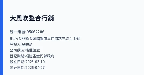 大風吹整合行銷的照片-統編 95062286(金門縣) 公司登記資料與營業項目詳細圖表