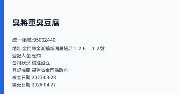 臭將軍臭豆腐的照片-統編 95062440(金門縣) 公司登記資料與營業項目詳細圖表