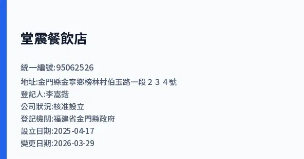 堂震餐飲店的照片-統編 95062526(金門縣) 公司登記資料與營業項目詳細圖表