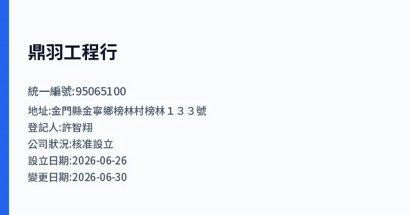鼎羽工程行的照片-統編 95065100(金門縣) 公司登記資料與營業項目詳細圖表