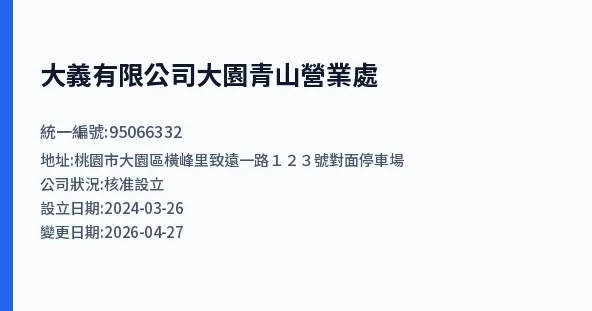 大義有限公司大園青山營業處的照片-統編 95066332(桃園市) 公司登記資料與營業項目詳細圖表