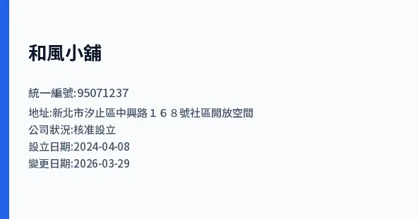 和風小舖的照片-統編 95071237(新北市) 公司登記資料與營業項目詳細圖表