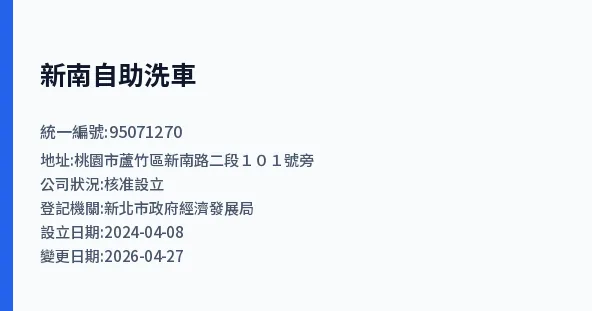 新南自助洗車的照片-統編 95071270(桃園市) 公司登記資料與營業項目詳細圖表