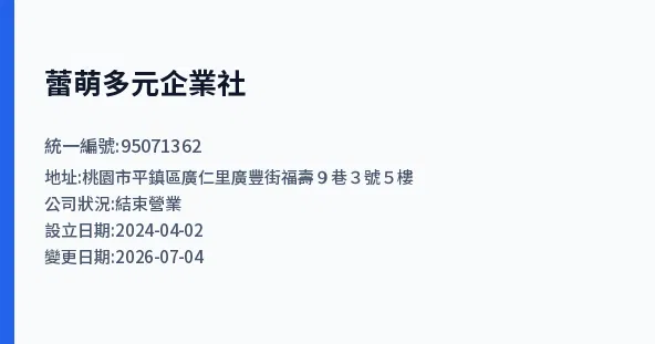 蕾萌多元企業社的照片-統編 95071362(桃園市) 公司登記資料與營業項目詳細圖表