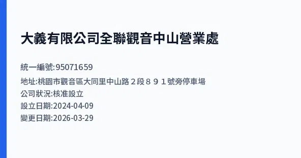 大義有限公司全聯觀音中山營業處的照片-統編 95071659(桃園市) 公司登記資料與營業項目詳細圖表