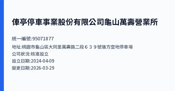 俥亭停車事業股份有限公司龜山萬壽營業所的照片-統編 95071877(桃園市) 公司登記資料與營業項目詳細圖表