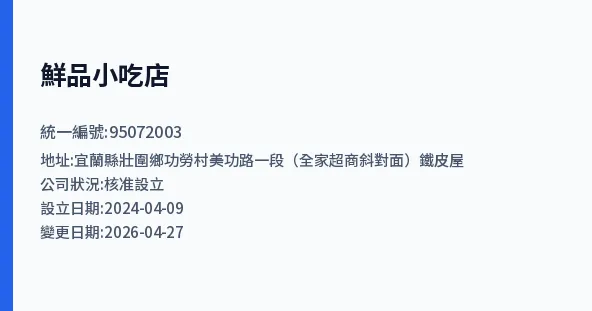 鮮品小吃店的照片-統編 95072003(宜蘭縣) 公司登記資料與營業項目詳細圖表