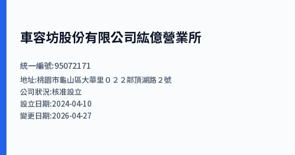 車容坊股份有限公司紘億營業所的照片-統編 95072171(桃園市) 公司登記資料與營業項目詳細圖表
