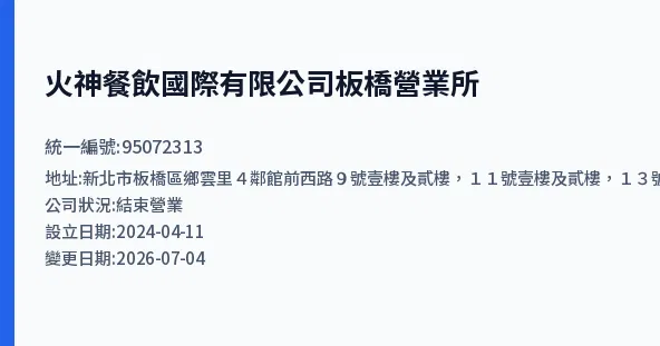 火神餐飲國際有限公司板橋營業所的照片-統編 95072313(新北市) 公司登記資料與營業項目詳細圖表