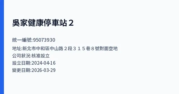 吳家健康停車站2的照片-統編 95073930(新北市) 公司登記資料與營業項目詳細圖表