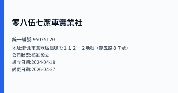 零八伍七潔車實業社的照片-統編 95075120(新北市) 公司登記資料與營業項目詳細圖表
