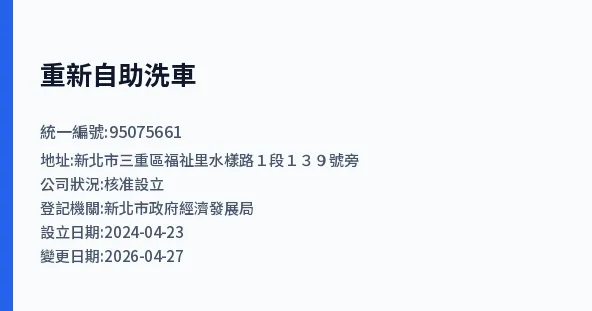 重新自助洗車的照片-統編 95075661(新北市) 公司登記資料與營業項目詳細圖表