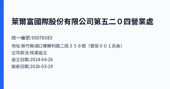 萊爾富國際股份有限公司第五二0四營業處的照片-統編 95076583(新竹縣) 公司登記資料與營業項目詳細圖表