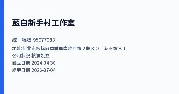 藍白新手村工作室的照片-統編 95077083(新北市) 公司登記資料與營業項目詳細圖表