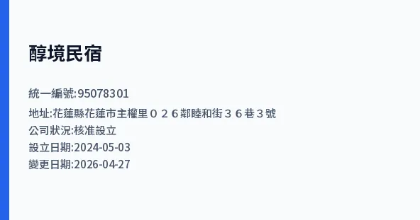 醇境民宿的照片-統編 95078301(花蓮縣) 公司登記資料與營業項目詳細圖表