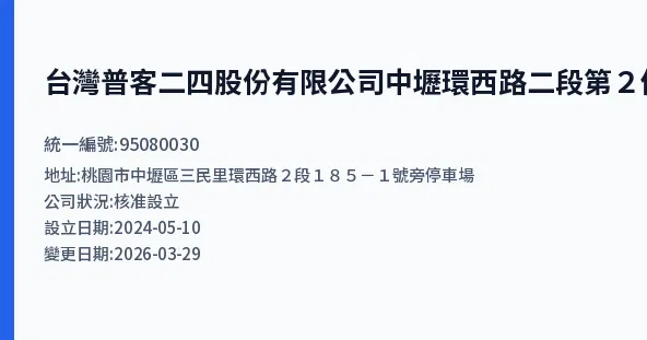 台灣普客二四股份有限公司中壢環西路二段第2停車場的照片-統編 95080030(桃園市) 公司登記資料與營業項目詳細圖表