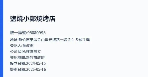 鹽燒小鄭燒烤店的照片-統編 95080995(新竹市) 公司登記資料與營業項目詳細圖表