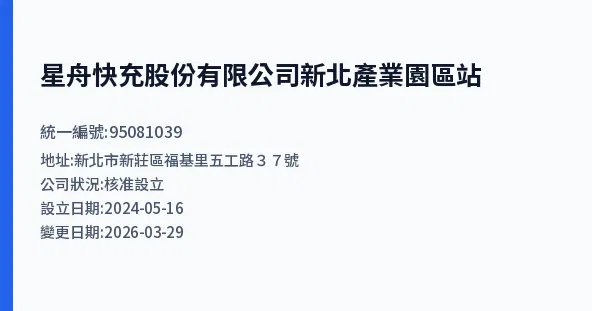 星舟快充股份有限公司新北產業園區站的照片-統編 95081039(新北市) 公司登記資料與營業項目詳細圖表
