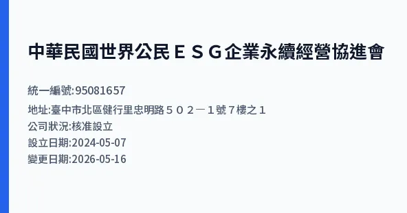 中華民國世界公民ESG企業永續經營協進會的照片-統編 95081657(臺中市) 公司登記資料與營業項目詳細圖表