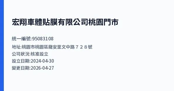 宏翔車體貼膜有限公司桃園門市的照片-統編 95083108(桃園市) 公司登記資料與營業項目詳細圖表
