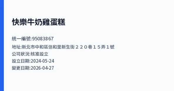 快樂牛奶雞蛋糕的照片-統編 95083867(新北市) 公司登記資料與營業項目詳細圖表