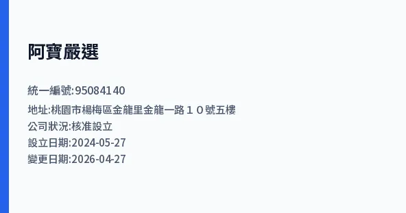 阿寶嚴選的照片-統編 95084140(桃園市) 公司登記資料與營業項目詳細圖表