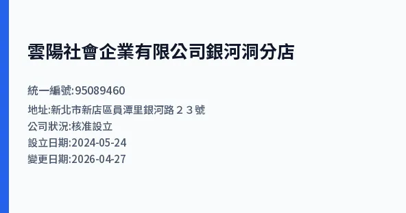 雲陽社會企業有限公司銀河洞分店的照片-統編 95089460(新北市) 公司登記資料與營業項目詳細圖表